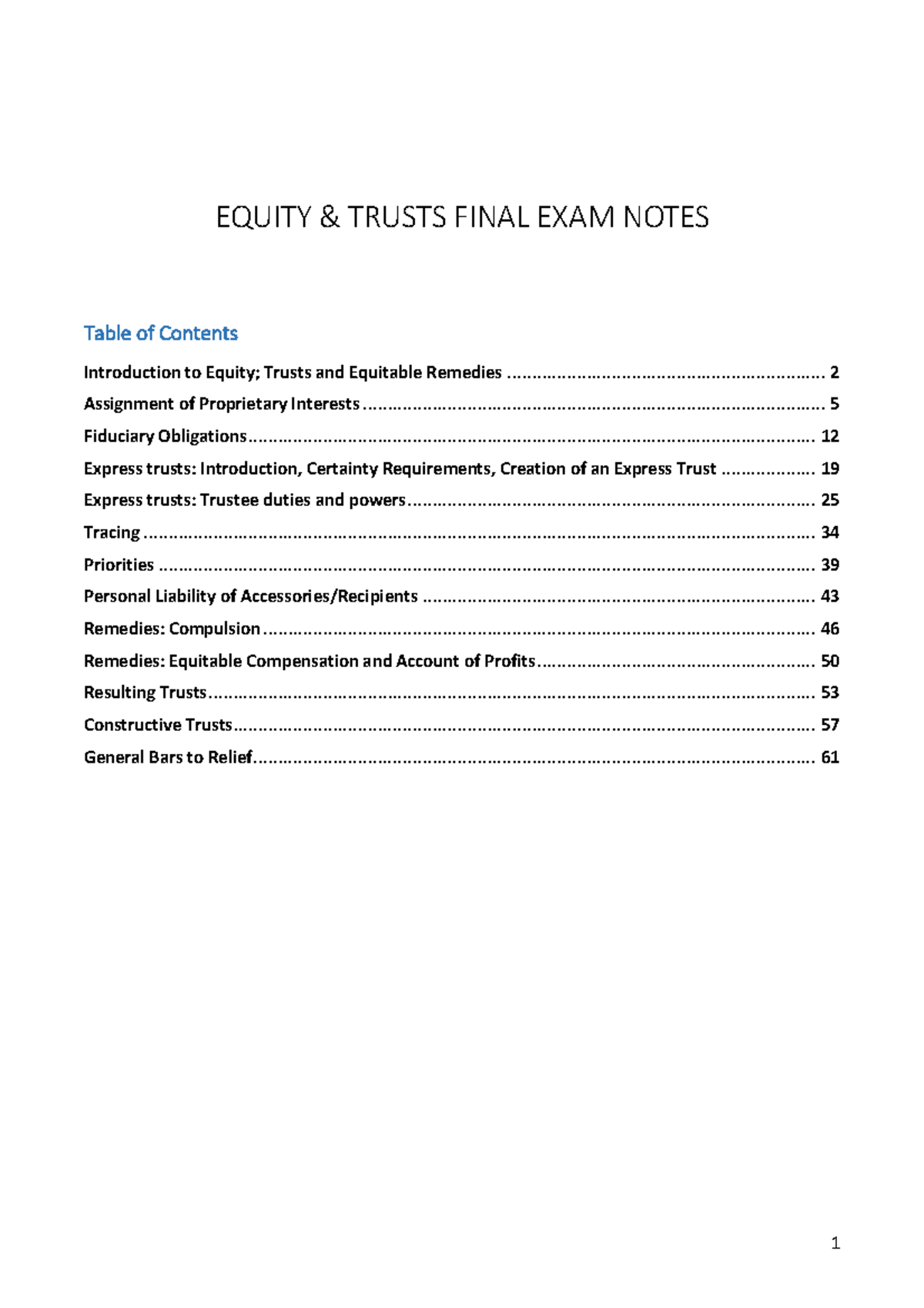 E&T Notes - EQUITY & TRUSTS FINAL EXAM NOTES Table of Contents ...