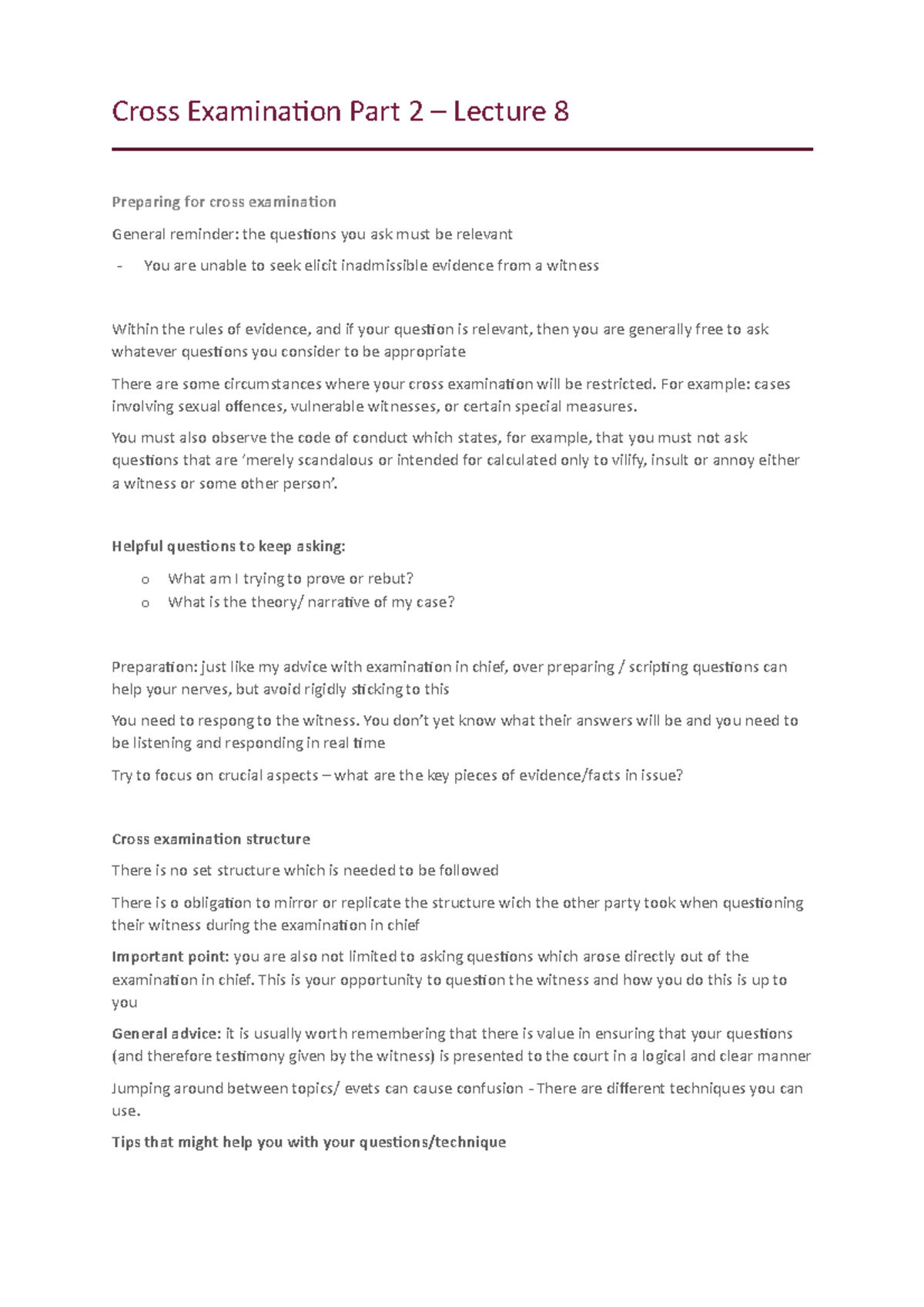 Cross Examination Part 2 (EVI8) - Cross Examination Part 2 – Lecture 8 ...