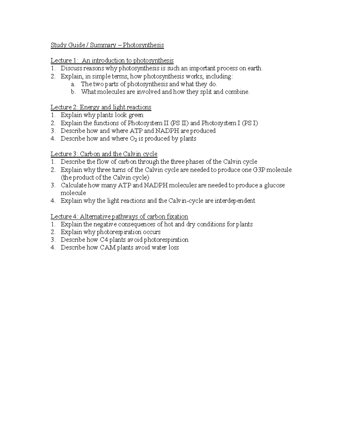 Photosynthesis study guide - Study Guide Summary Photosynthesis Lecture ...