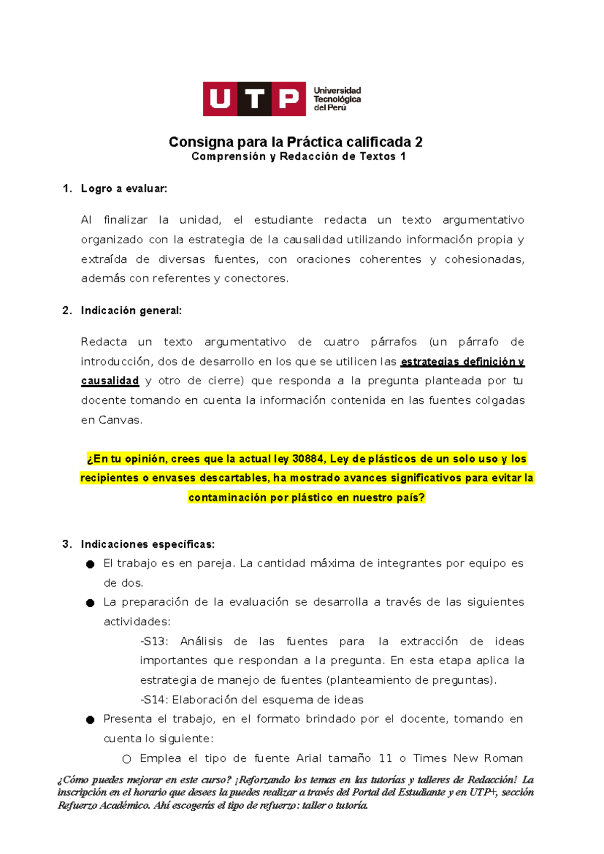 GC N01I PC2Consigna 22C2A - Consigna para la Práctica calificada 2 Comprensión y Redacción de ...