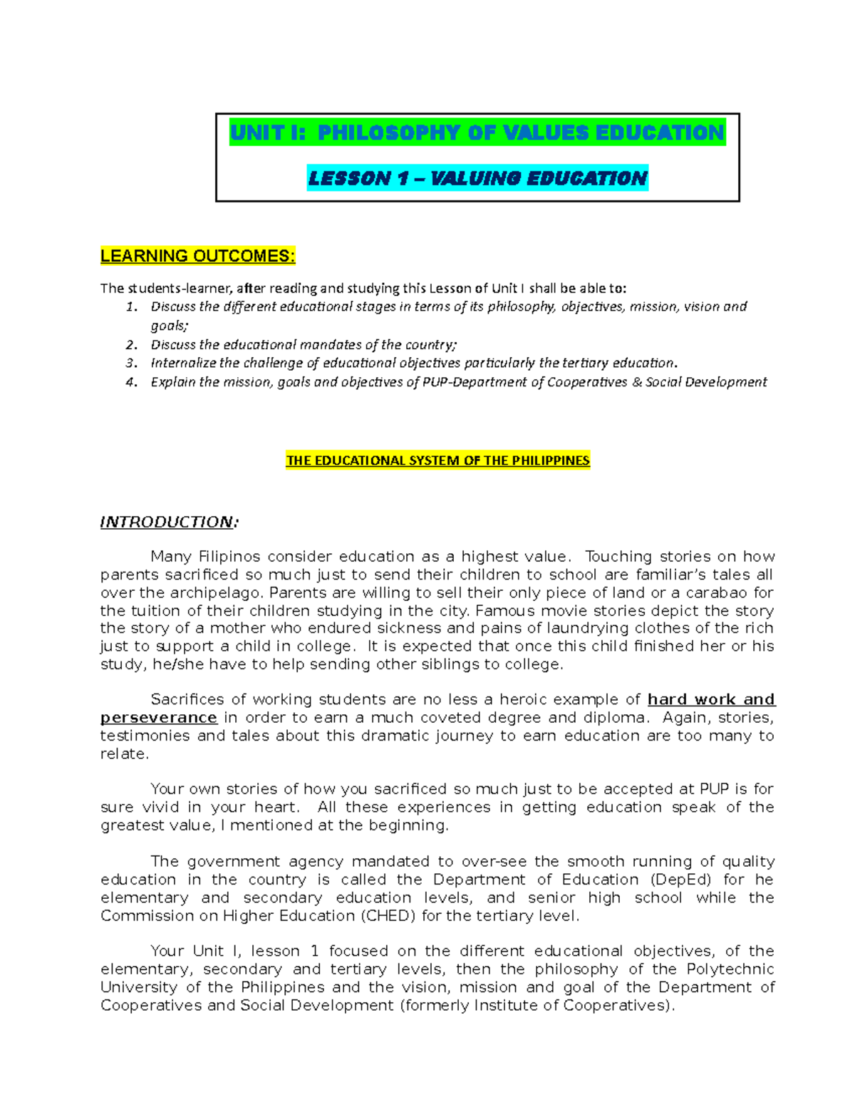 UNIT I - Philosophy OF Values Education - LEARNING OUTCOMES: The ...