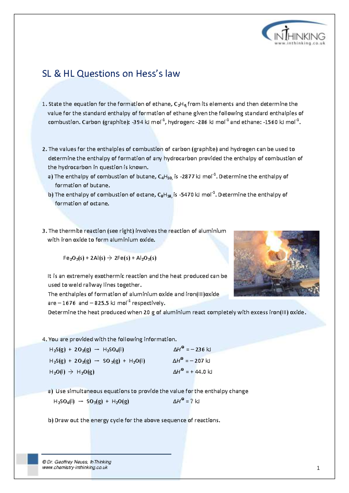 Enthalpy- Hess s law - Practice questions from inthinking - 1 © Dr ...
