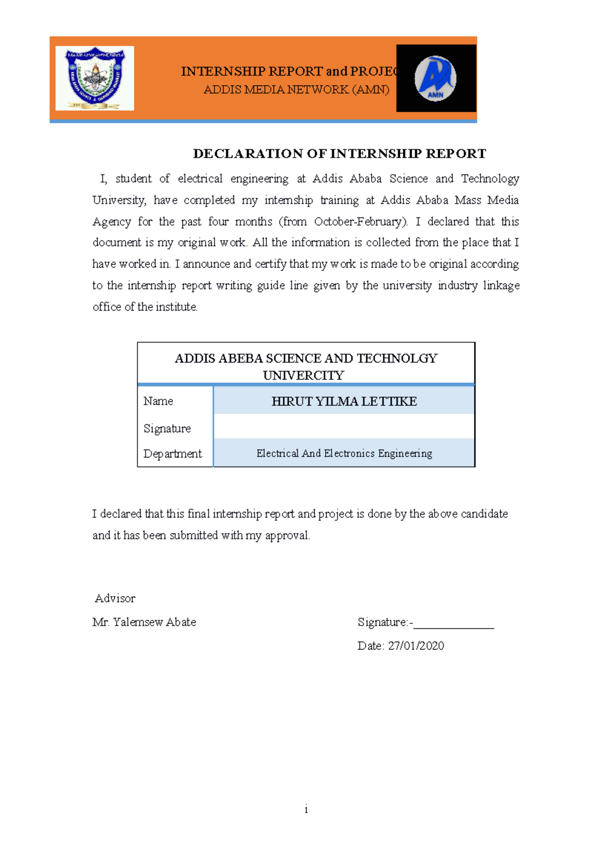 Hira internship - Grade: A - INTERNSHIP REPORT and PROJECT ADDIS MEDIA ...