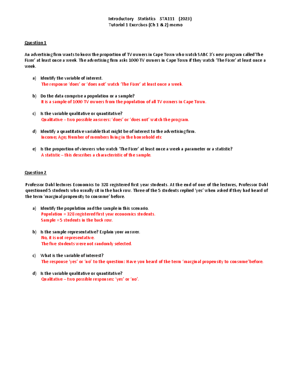 Tutorial 1 Ch 1 2 memo - WORK exercises - Introductory Statistics ...