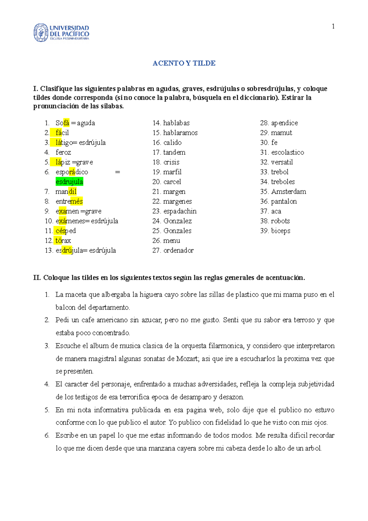 Acento y tilde - Preparación para el examen - ACENTO Y TILDE I ...