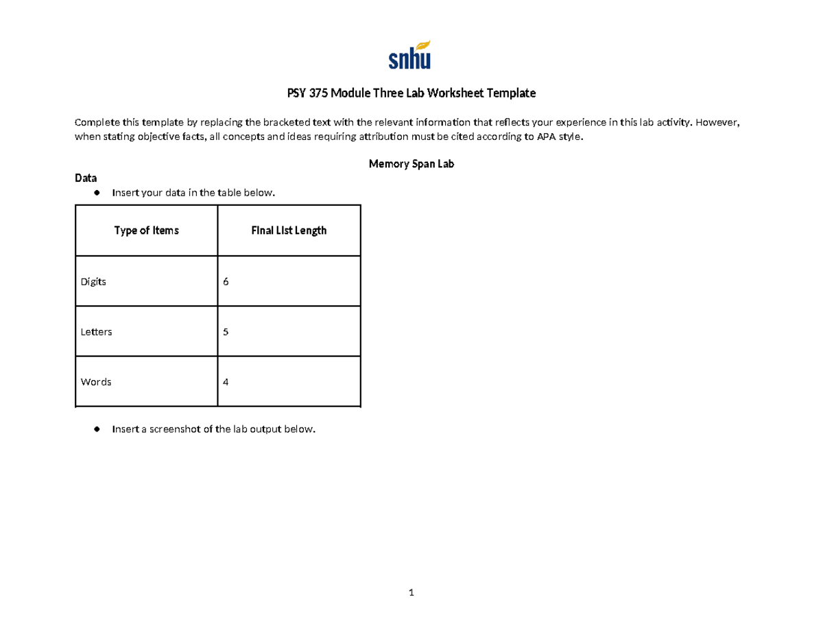 Module Three Lab Worksheet Template - PSY 375 Module Three Lab ...
