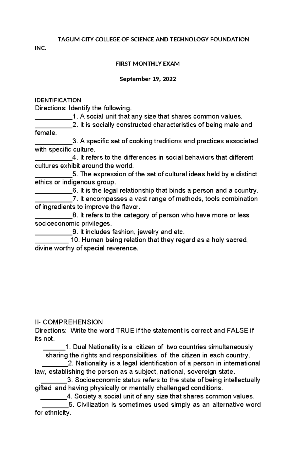 Understanding culture society and politics examination - TAGUM CITY ...