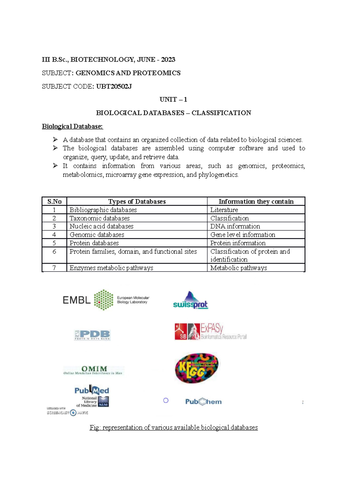 1. Biological Database Classification - III B., BIOTECHNOLOGY, JUNE ...