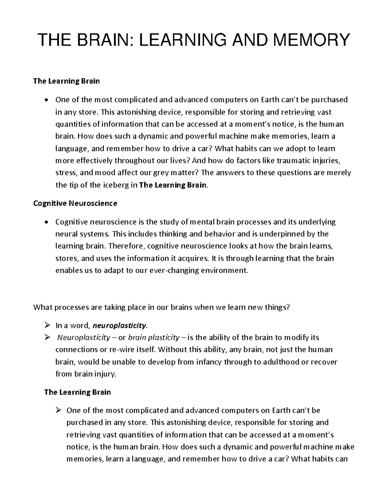 The Brain Learning and Memory - BS Psychology - PUP - Studocu