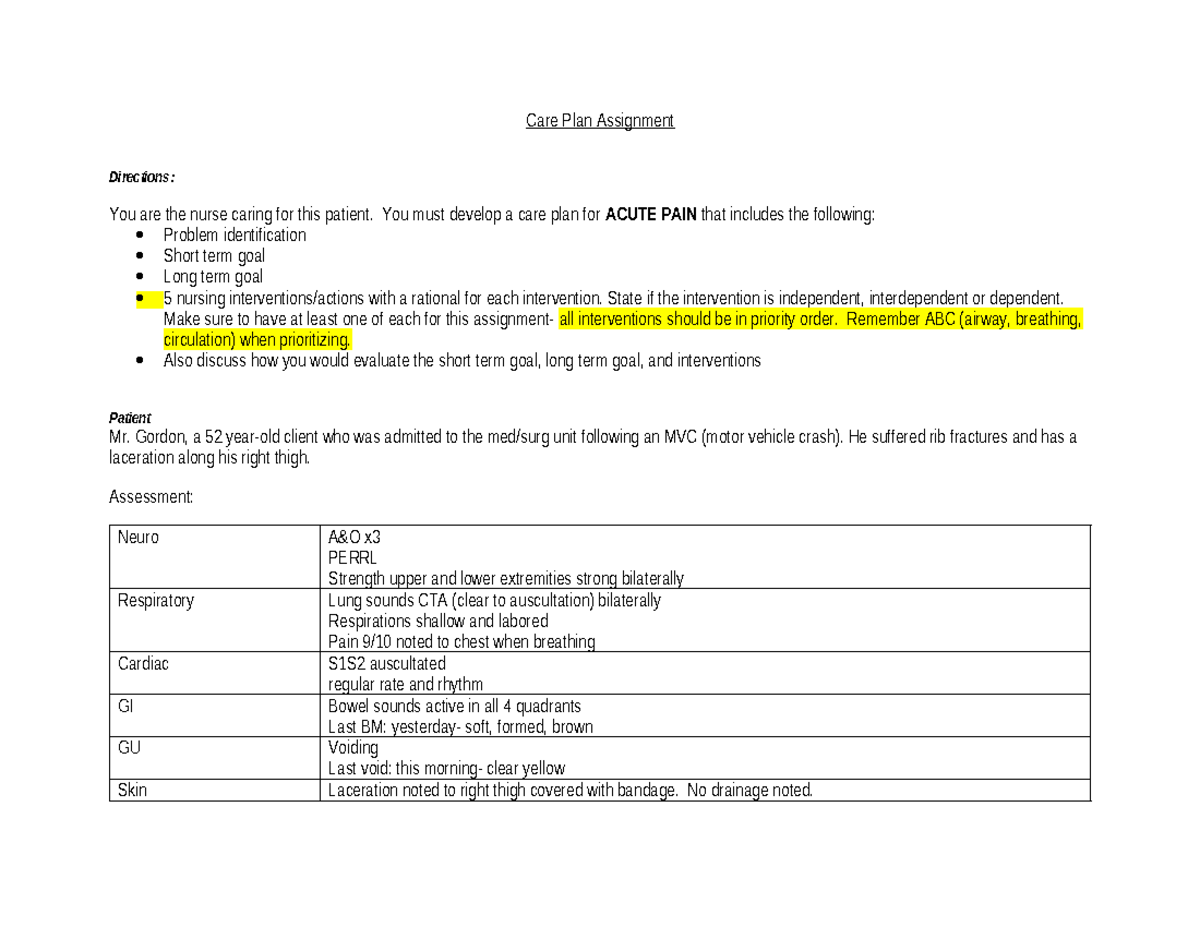 Pain Care Plan Assignment - Care Plan Assignment Directions: You are ...