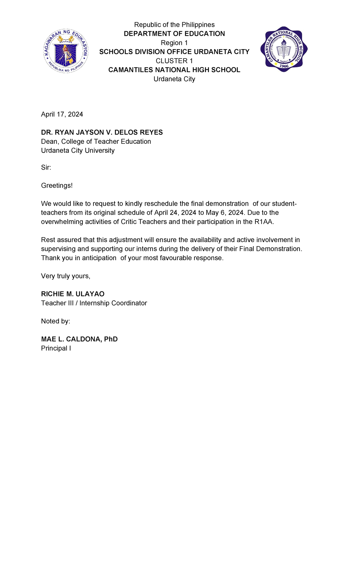Letter - Republic of the Philippines DEPARTMENT OF EDUCATION Region 1 ...