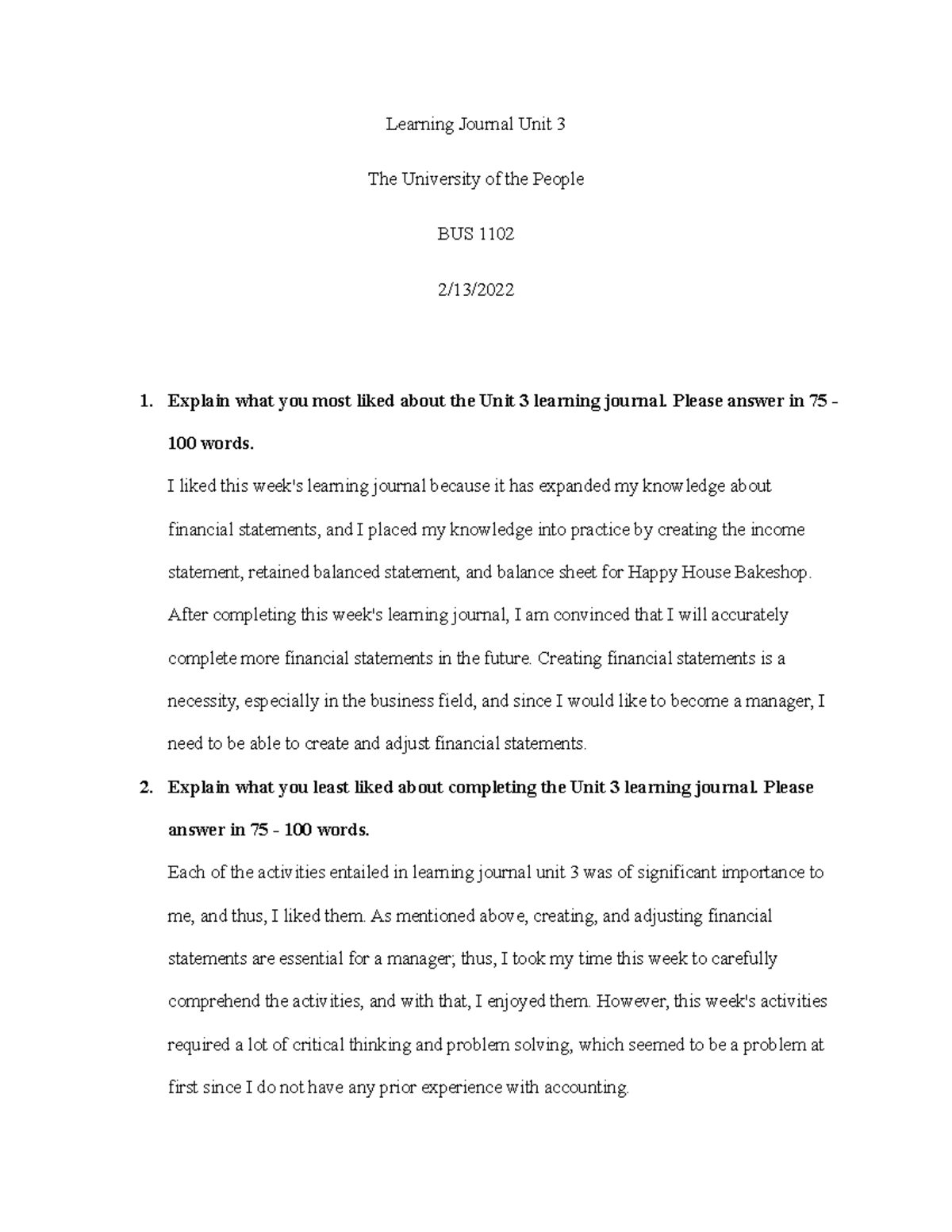 BUS 1102 Learning Journal UNIT 3 - Learning Journal Unit 3 The University of the People BUS 1102 ...