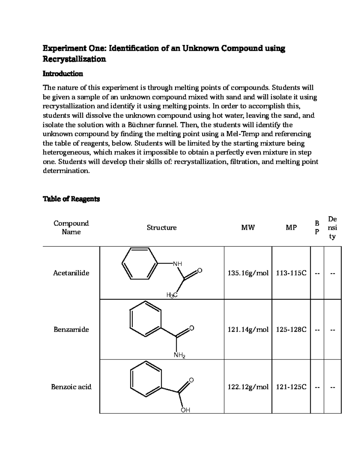 2211 - Experiment 1 - Pre-Lab - Experiment One: Identification of an ...
