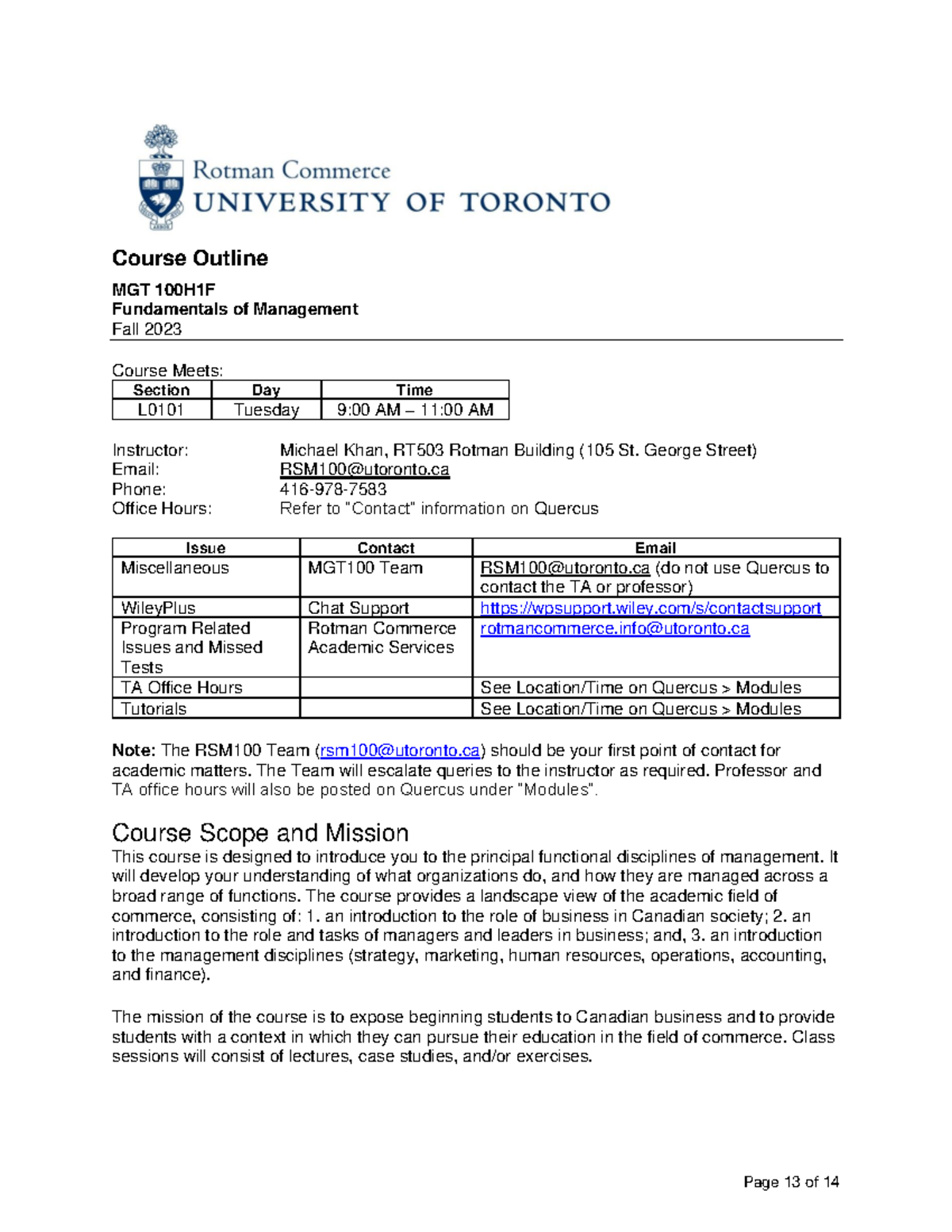 MGT100 Course Syllabus - Fall 2023 - Course Outline MGT 100H1F ...