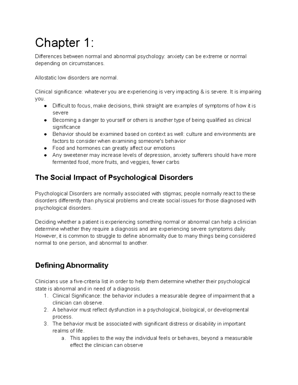Abnormal Psychology - Notes - Chapter 1: Differences between normal and ...