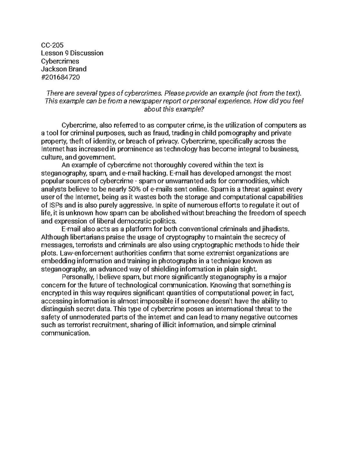 CC205 - Lesson 9 Discussion - CC- Lesson 9 Discussion Cybercrimes ...