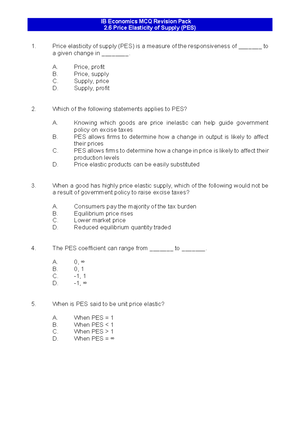PES mcqs student - IB Economics HL MCQs Worksheet - IB Economics MCQ ...