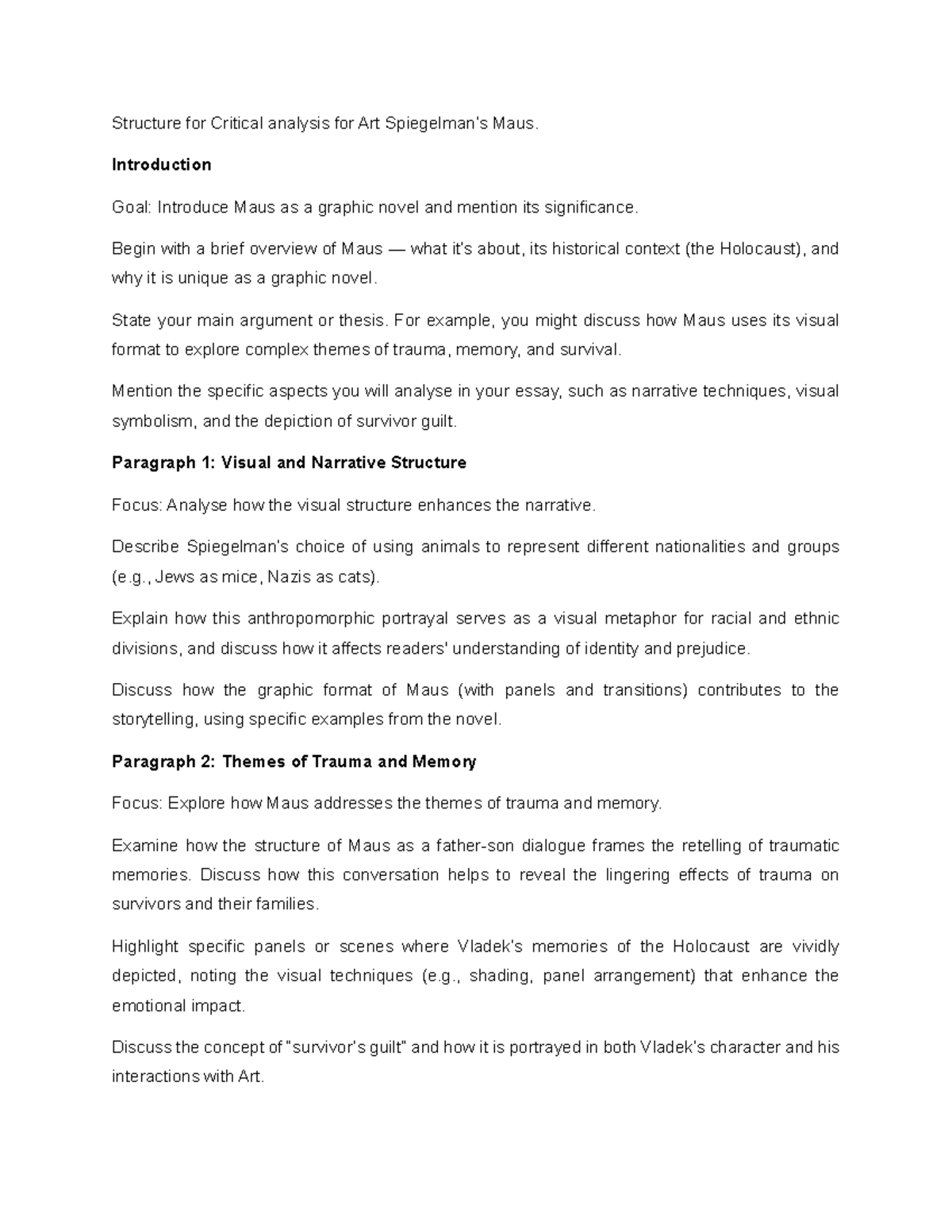 Structure for Critical analysis for Art Spiegelman - Introduction Goal ...