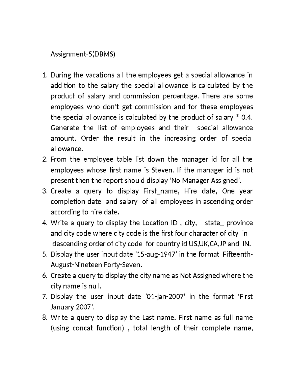 Dbms Assignment 5 Assignment 5dbms During The Vacations All The 1482