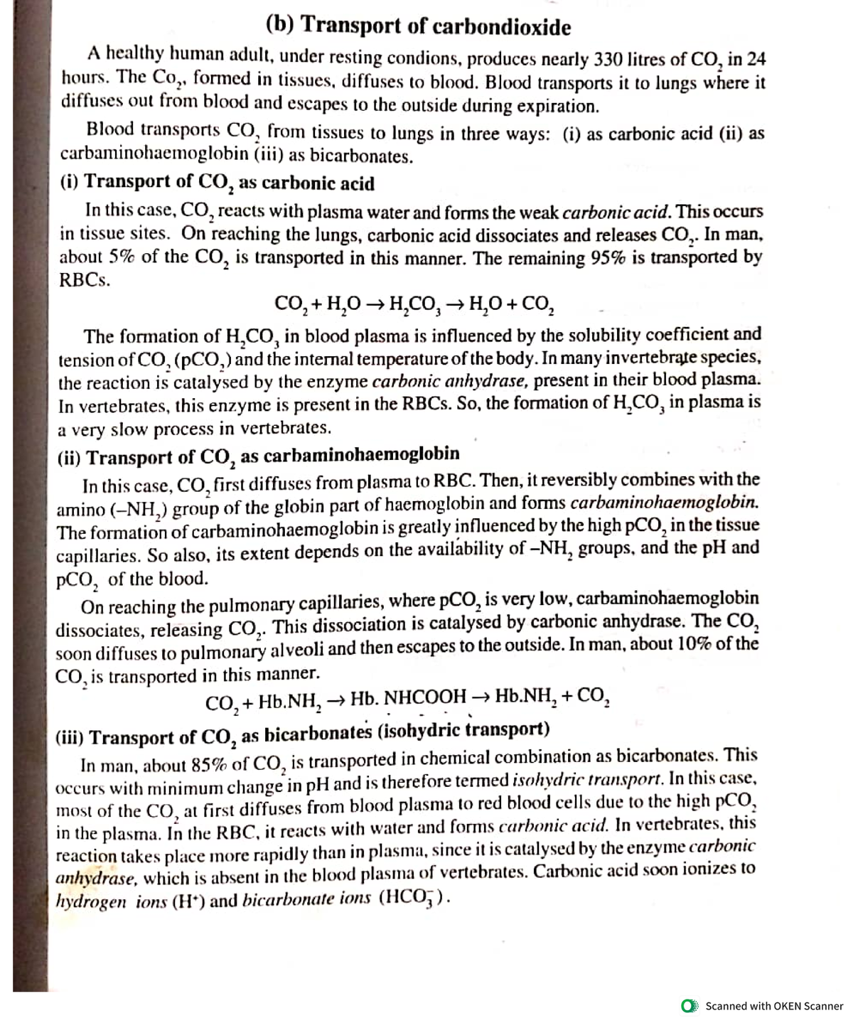 Transport of carbon dioxide - Bsc zoology - Studocu