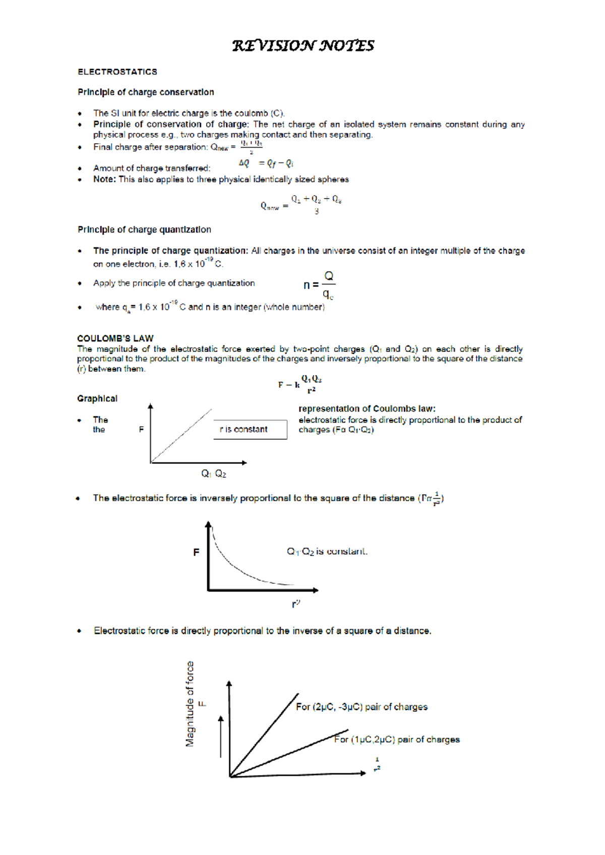 Revision Notes FOR 8 JUNE TEST - REVISION NOTES ELECTROSTATICS ...
