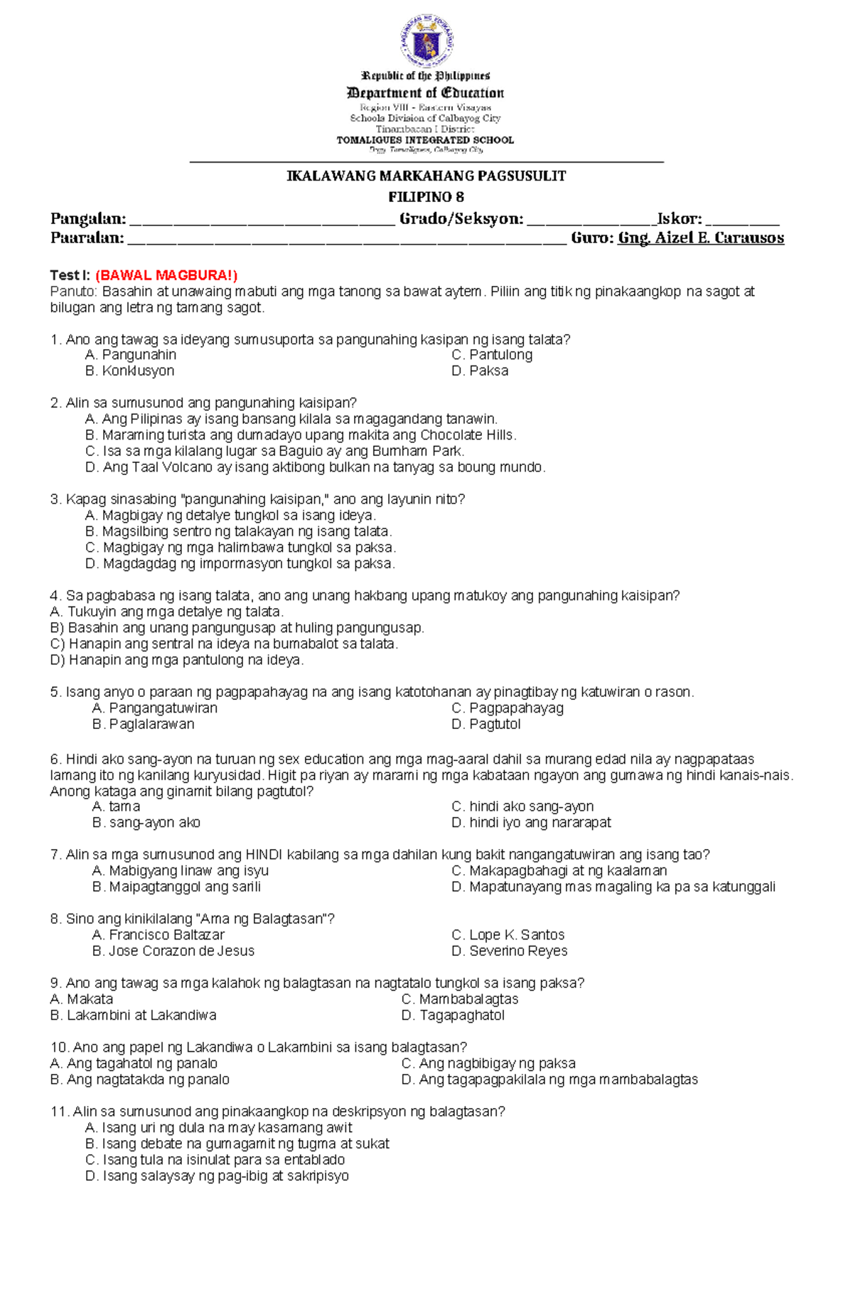 Test question Filipino 8 - IKALAWANG MARKAHANG PAGSUSULIT FILIPINO 8 ...