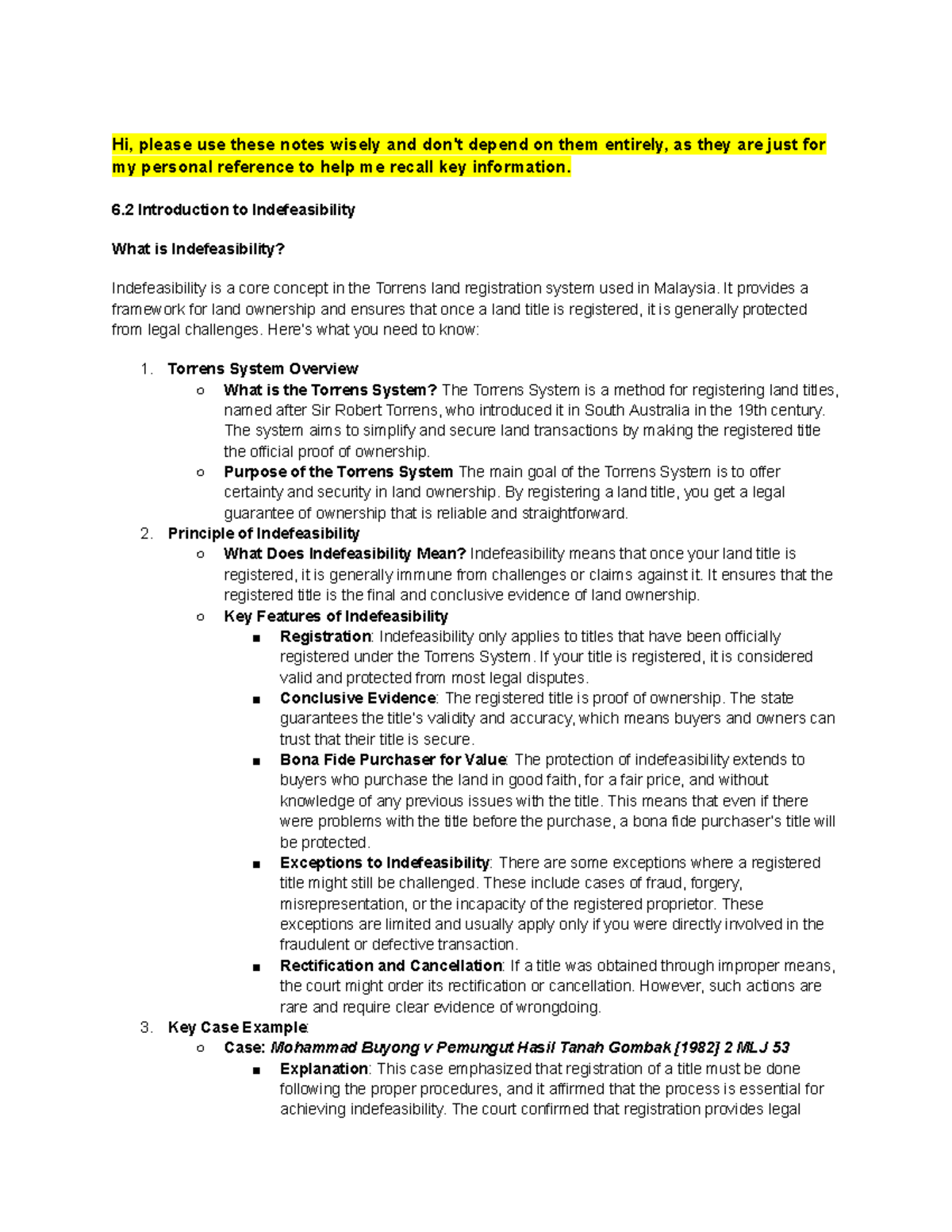 Short Notes for Land Law 2 - Hi, please use these notes wisely and don ...
