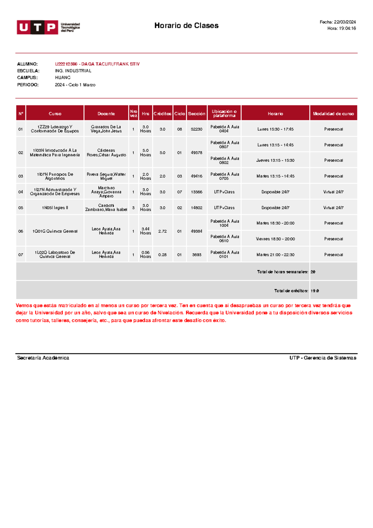 Horario UTP - AASD - Vemos que estás matriculado en al menos un curso ...