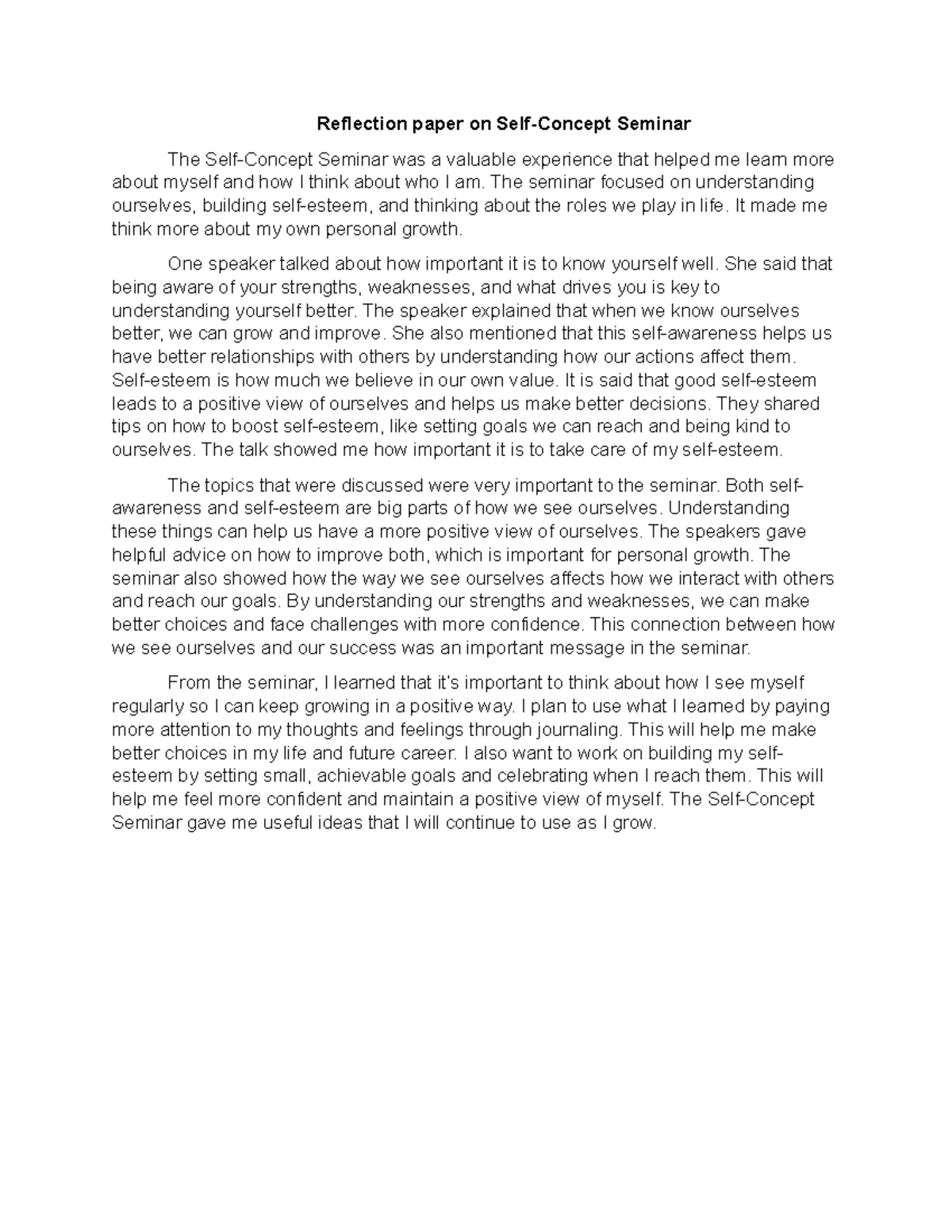 Reflection paper on Self-Concept Seminar - The seminar focused on ...