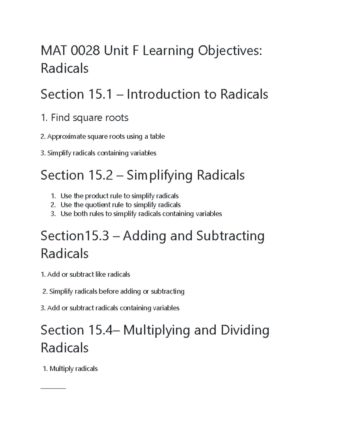 MAT 0028 Unit F Learning Objectives - MAT 0028 Unit F Learning ...