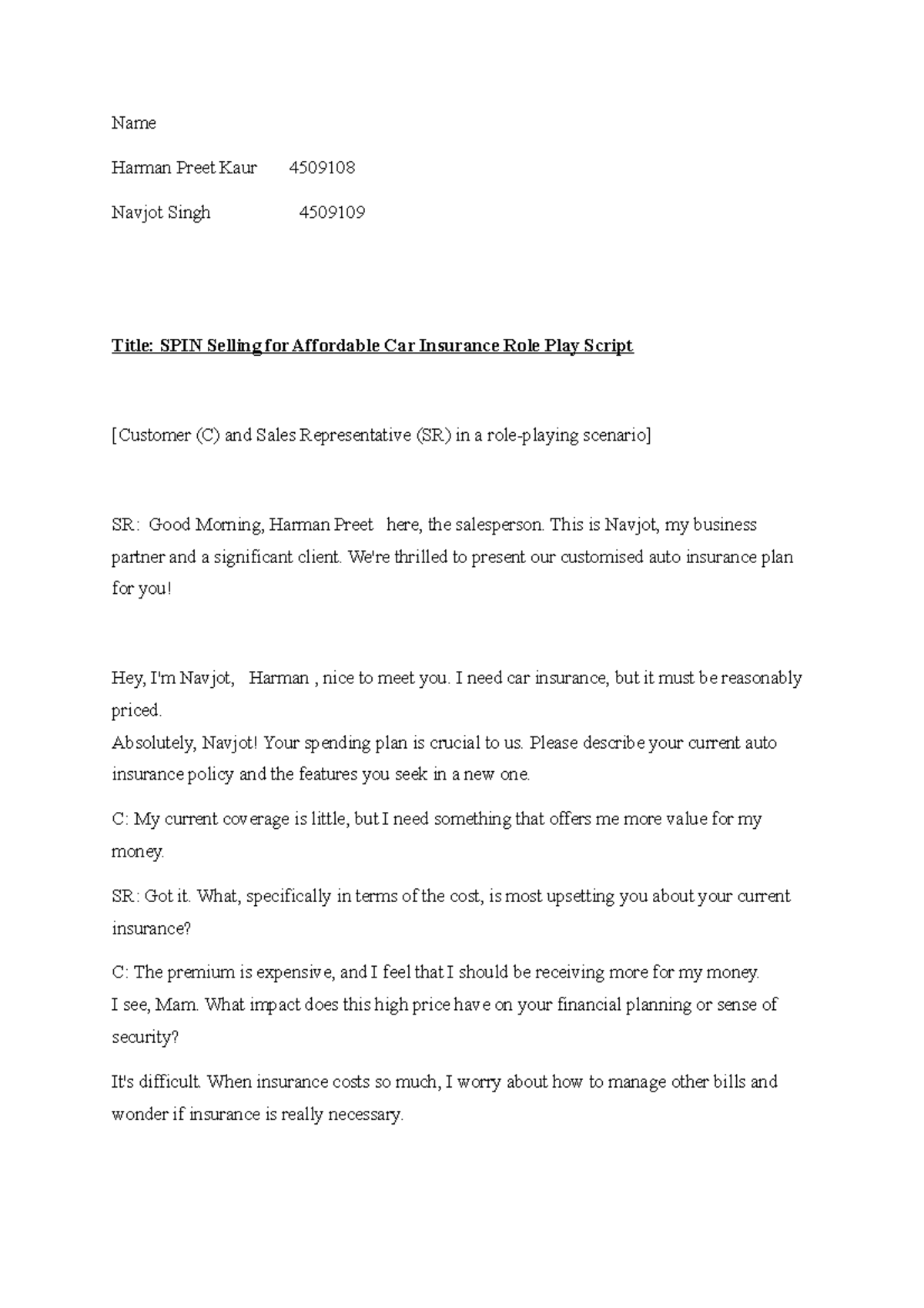 Project assignment selling - Name Harman Preet Kaur 4509108 Navjot ...