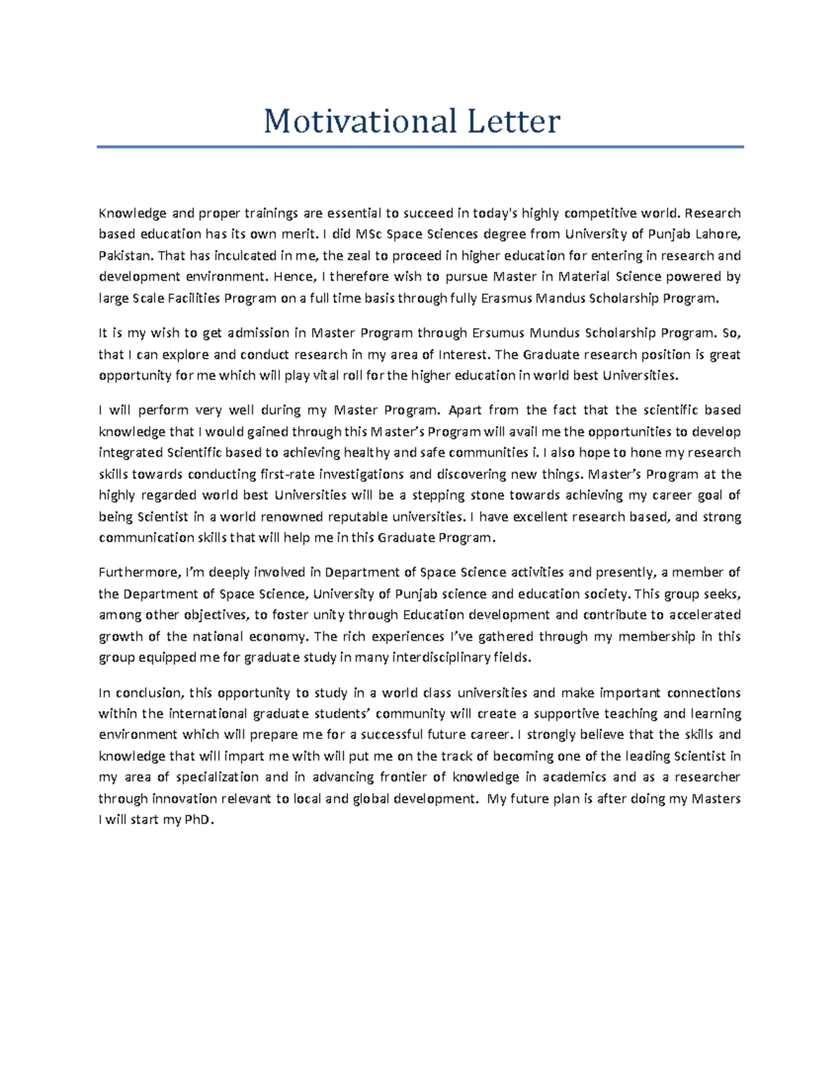 Motivation Letter - GOOD - Motivational Letter Knowledge and proper ...