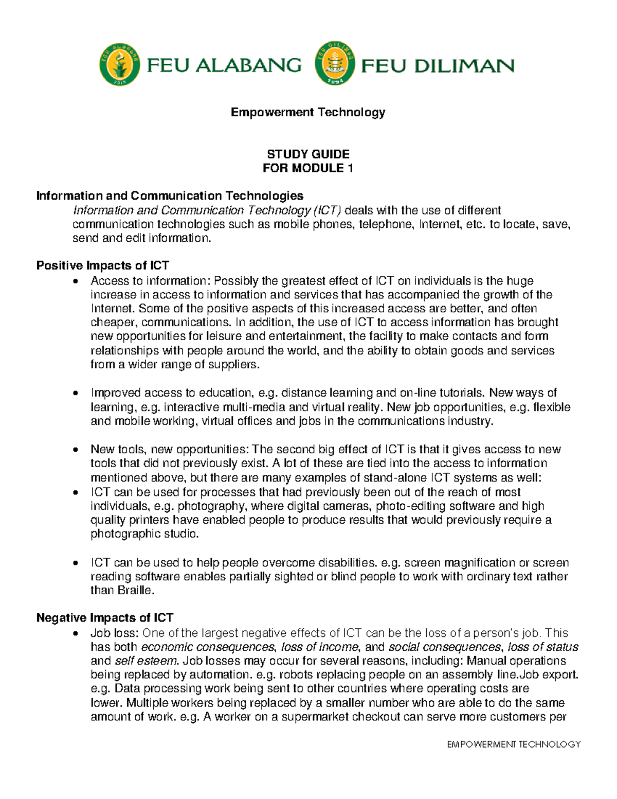 [M1 Study Guide] Information AND Communication Technology - Empowerment ...
