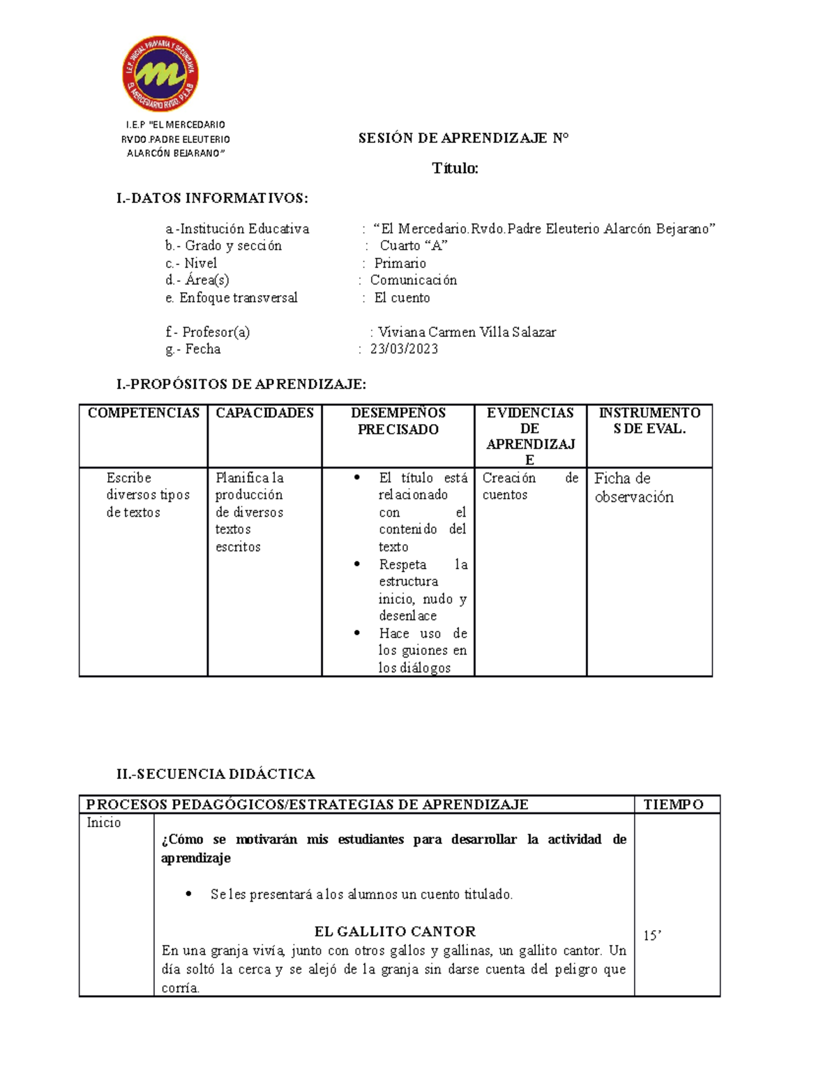 Sesion 23 Marzo Comunicacion Creación de cuentos - SESIÓN DE APRENDIZAJE N° Título: I.-DATOS ...