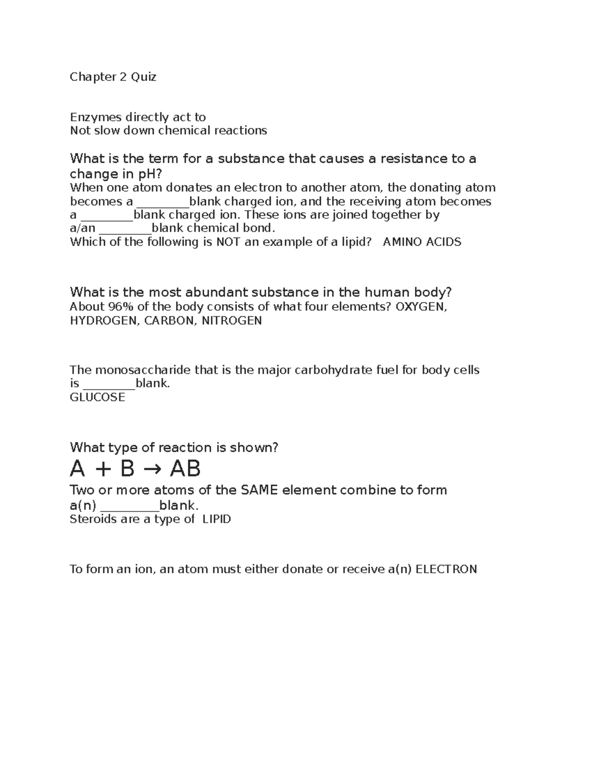 Chapter 2 Quiz Anatomy: Physiology - Chapter 2 Quiz Enzymes directly ...