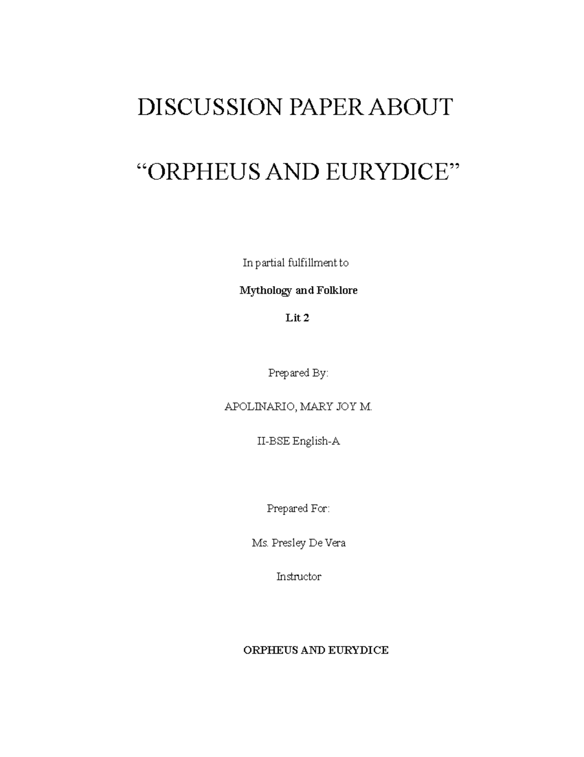 dp. orpheus and eurydice- BS. education - PangSU - Studocu