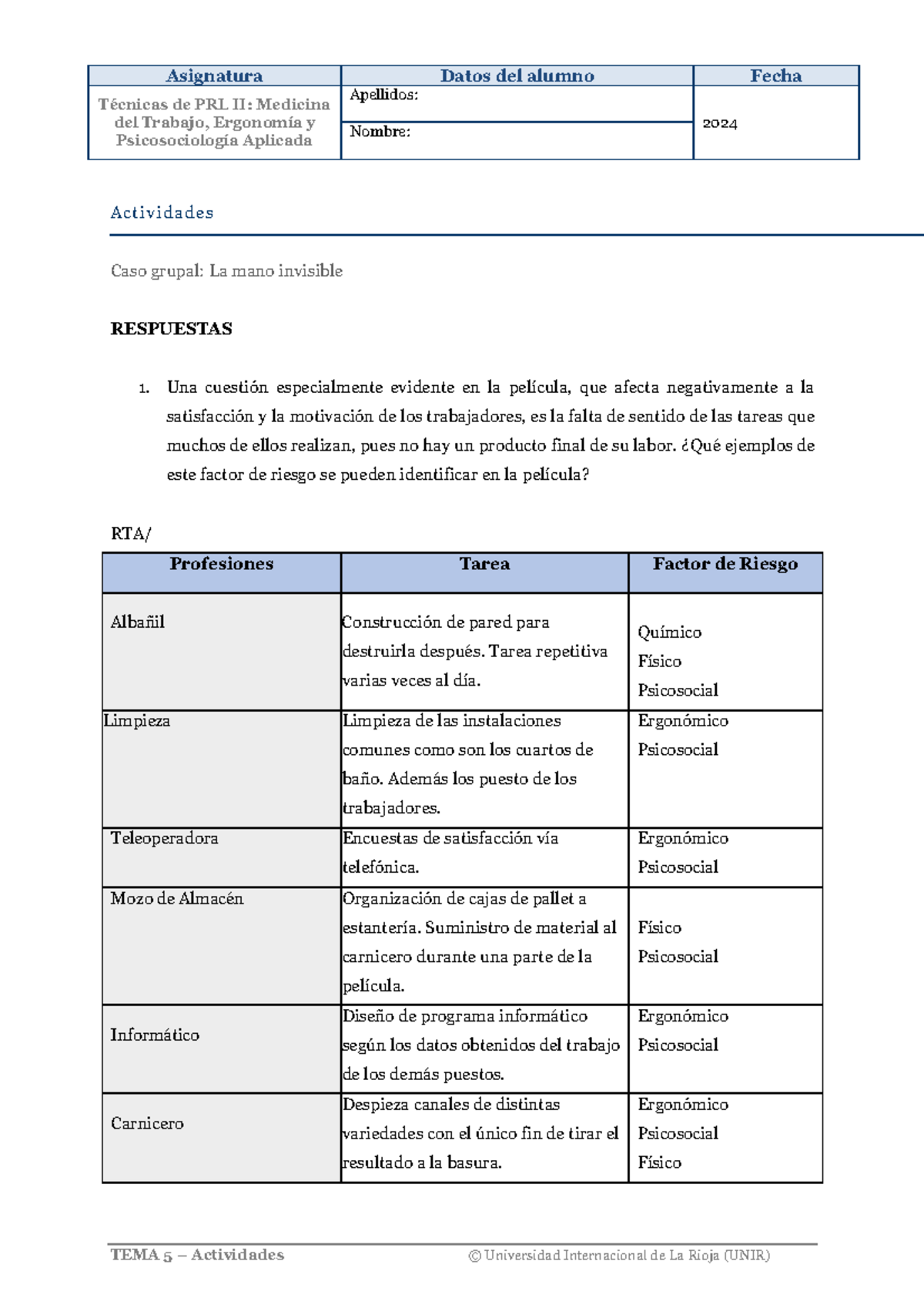 La mano invisible 24 - actividad - Técnicas de PRL II: Medicina del Trabajo, Ergonomía y - Studocu