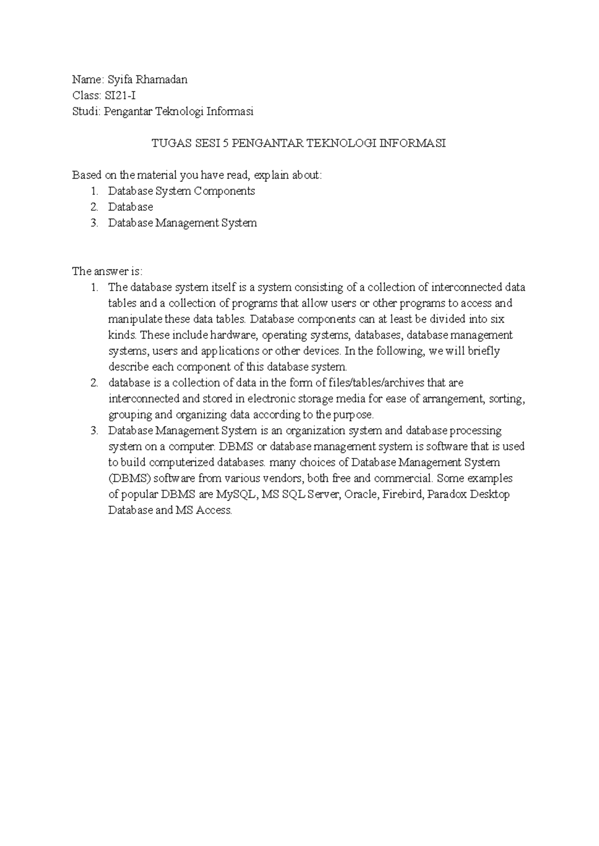 Tugas PTI sesi 5 - Name: Syifa Rhamadan Class: SI21-I Studi: Pengantar ...