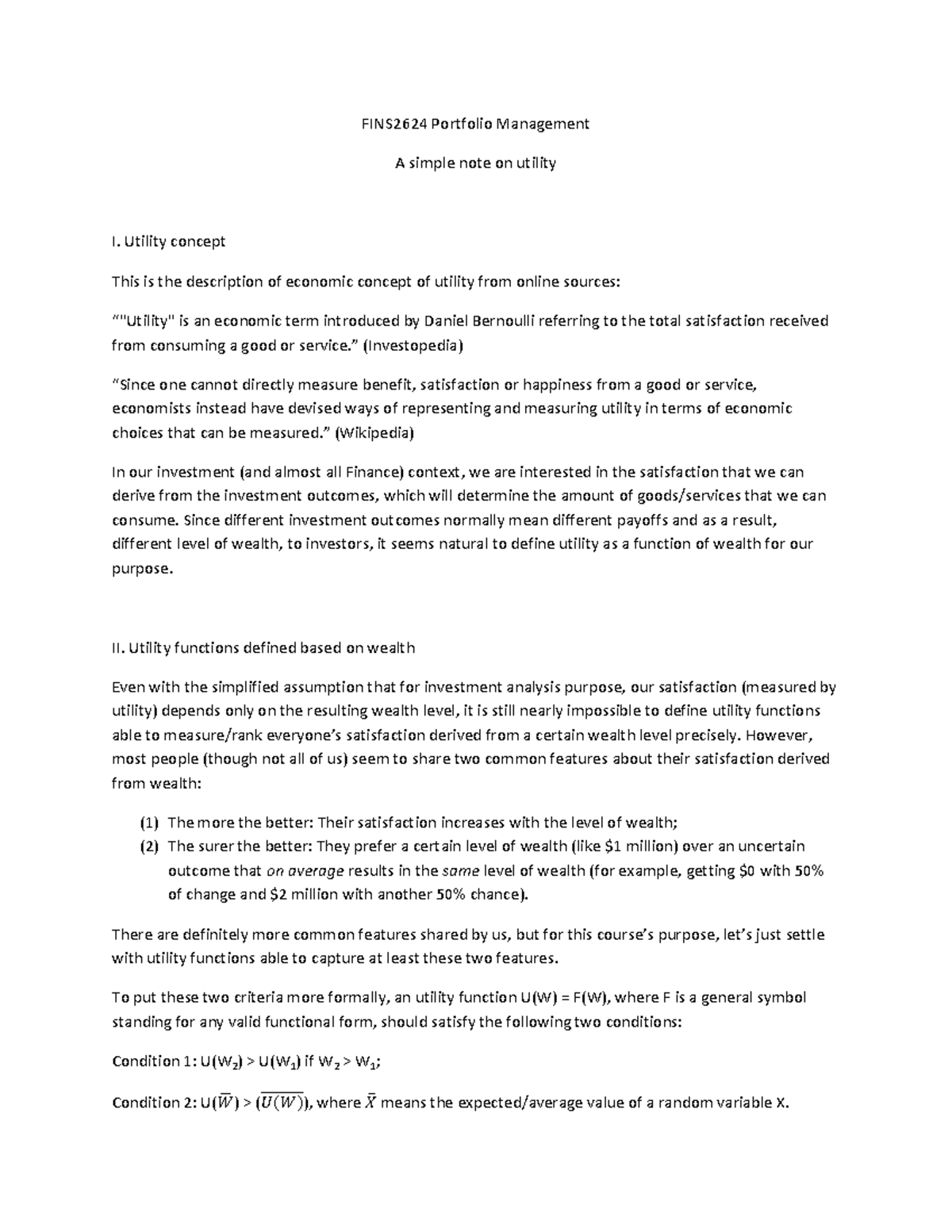 Lecture 4 A simple note on utility - FINS2624 Portfolio Management A ...