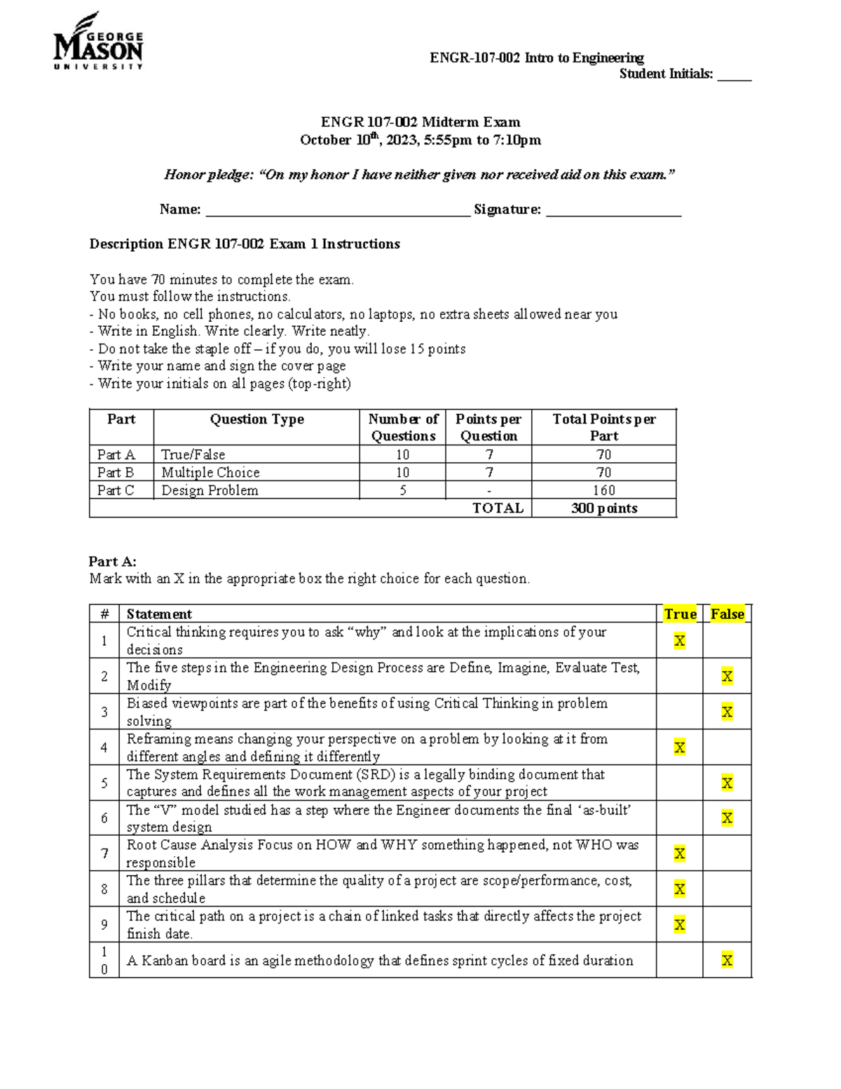 ENGR 107 002 Exam 1 – Fa23 KEY - Student Initials: _____ ENGR 107-002 ...