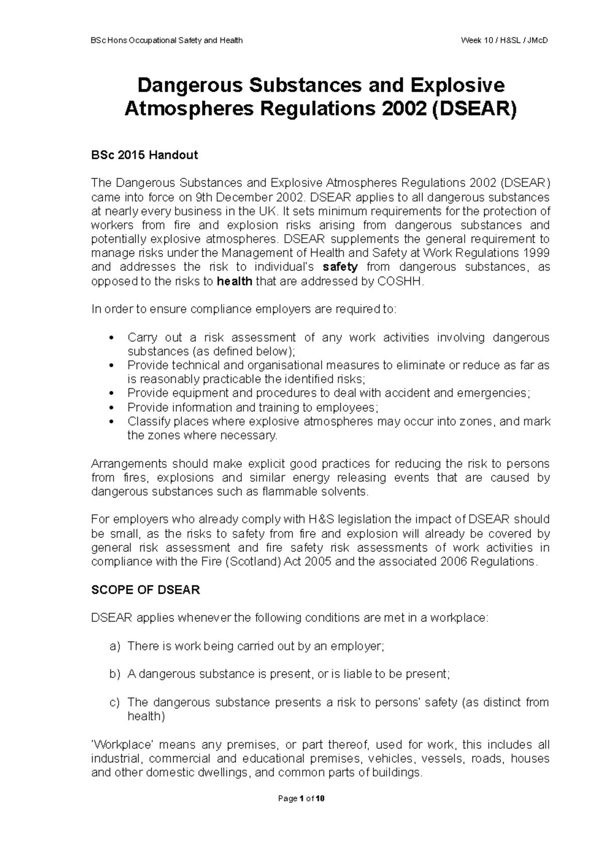 Dsear 2002 Lecture Notes - Dangerous Substances and Explosive ...