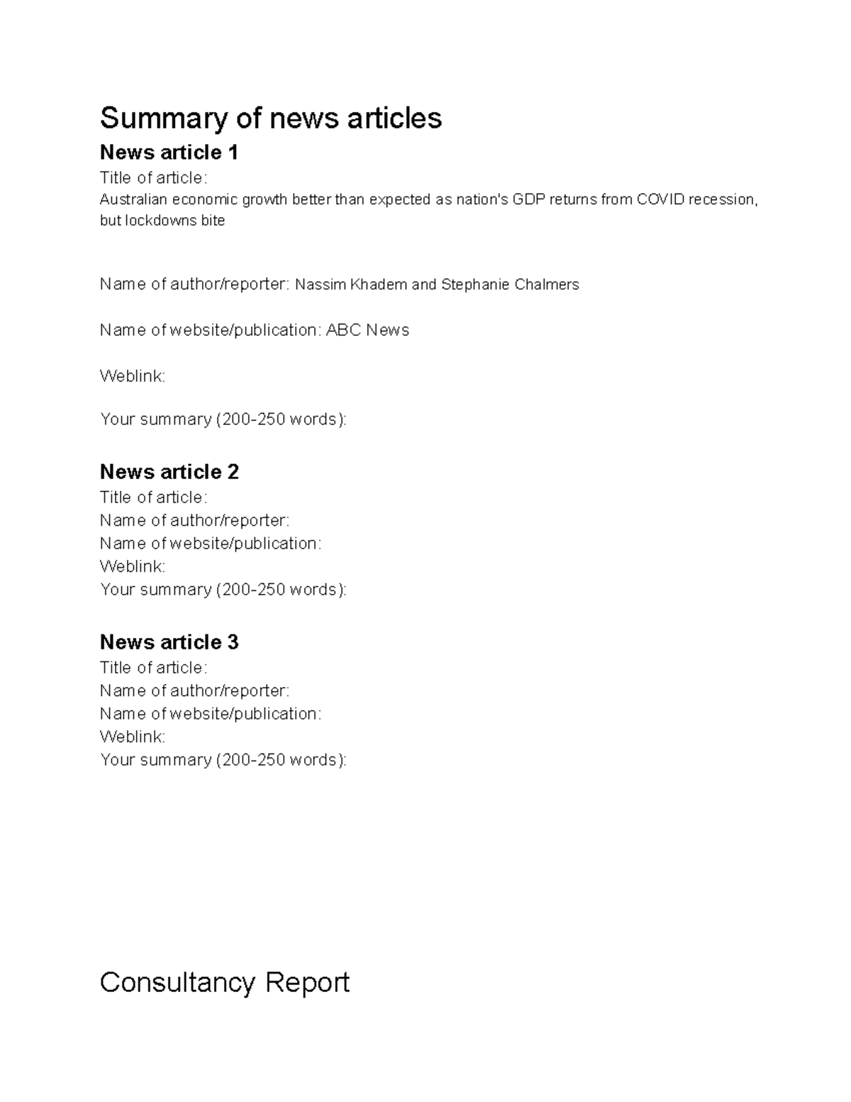 Macro 1 Assignment - Summary of news articles News article 1 Title of ...