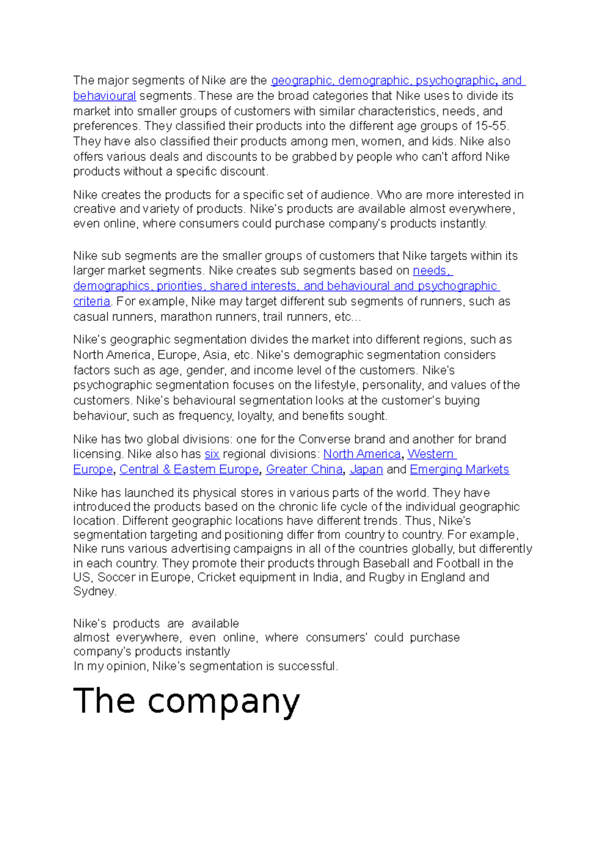 Assignment of Chapter 2 Nike-Marketing - The major segments of Nike are ...