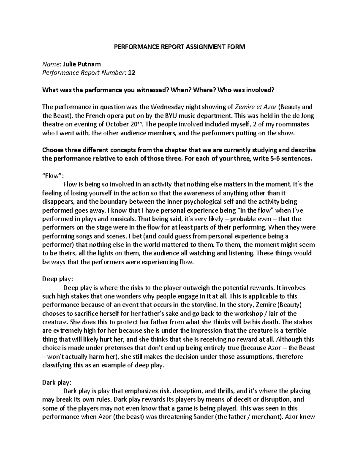 Intro to Performance Studies Performance Report #12 - PERFORMANCE ...
