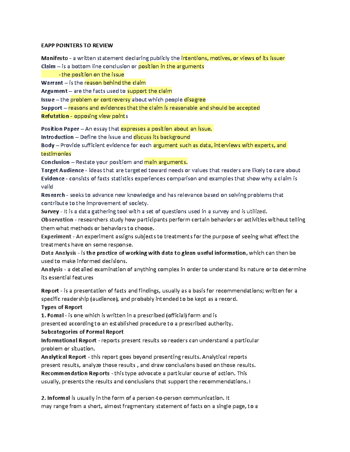 EAPP Pointers TO Review - EAPP POINTERS TO REVIEW Manifesto - a written statement declaring ...