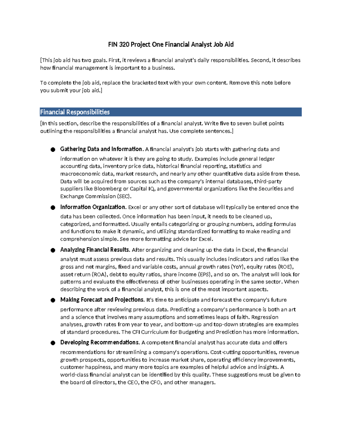 FIN 320 Project One Financial Analyst Job Aid - First, it reviews a ...