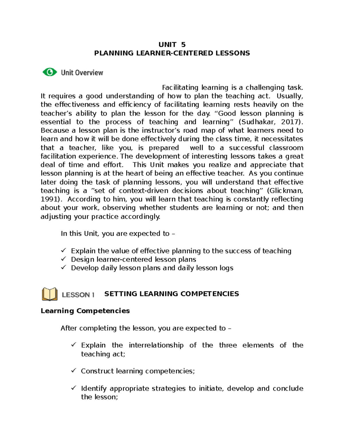 FACI. Learning UNIT 5 - Facilitating - UNIT 5 PLANNING LEARNER-CENTERED LESSONS Facilitating ...