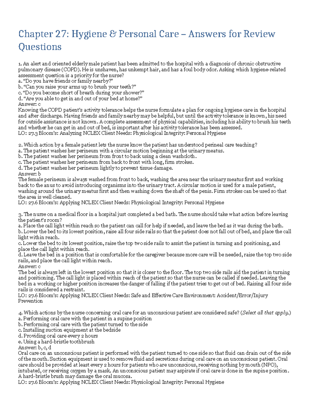 Chapter 27 Review Questions & Answers - Chapter 27: Hygiene & Personal ...