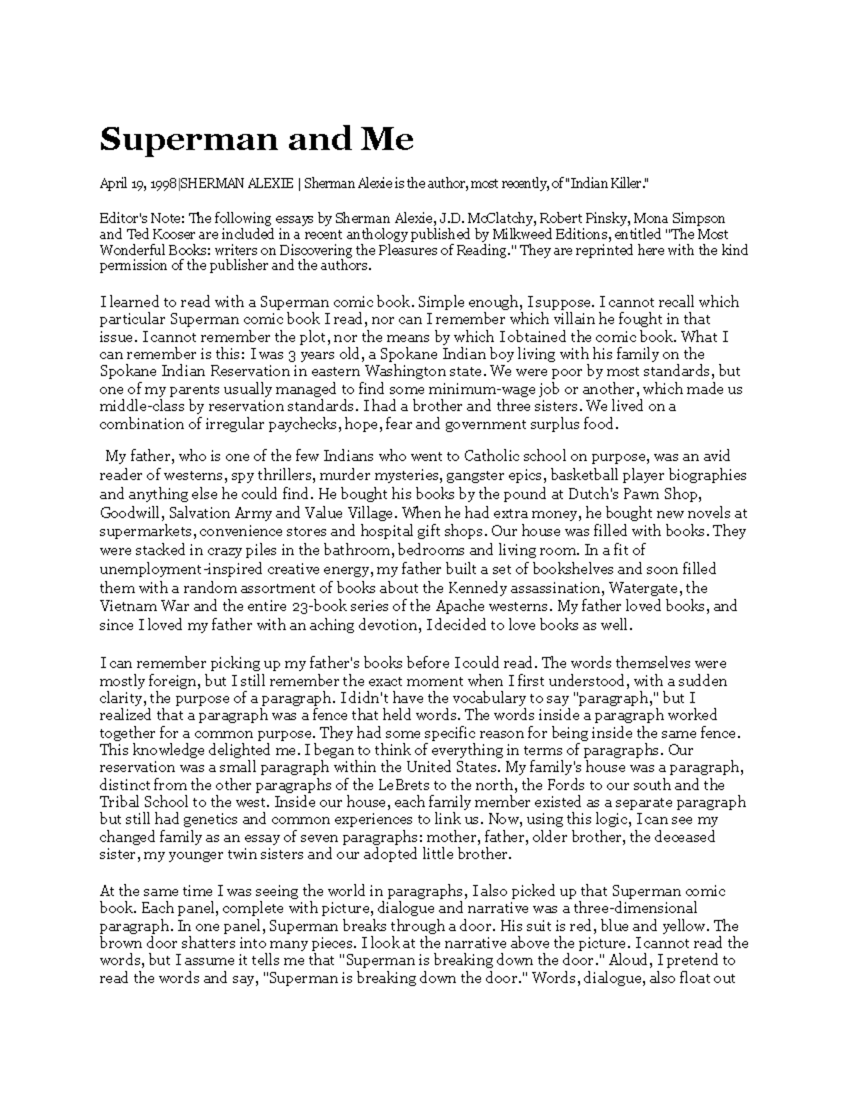 Sherman Alexie Superman and Me - Superman and Me April 19, 1998|SHERMAN ...
