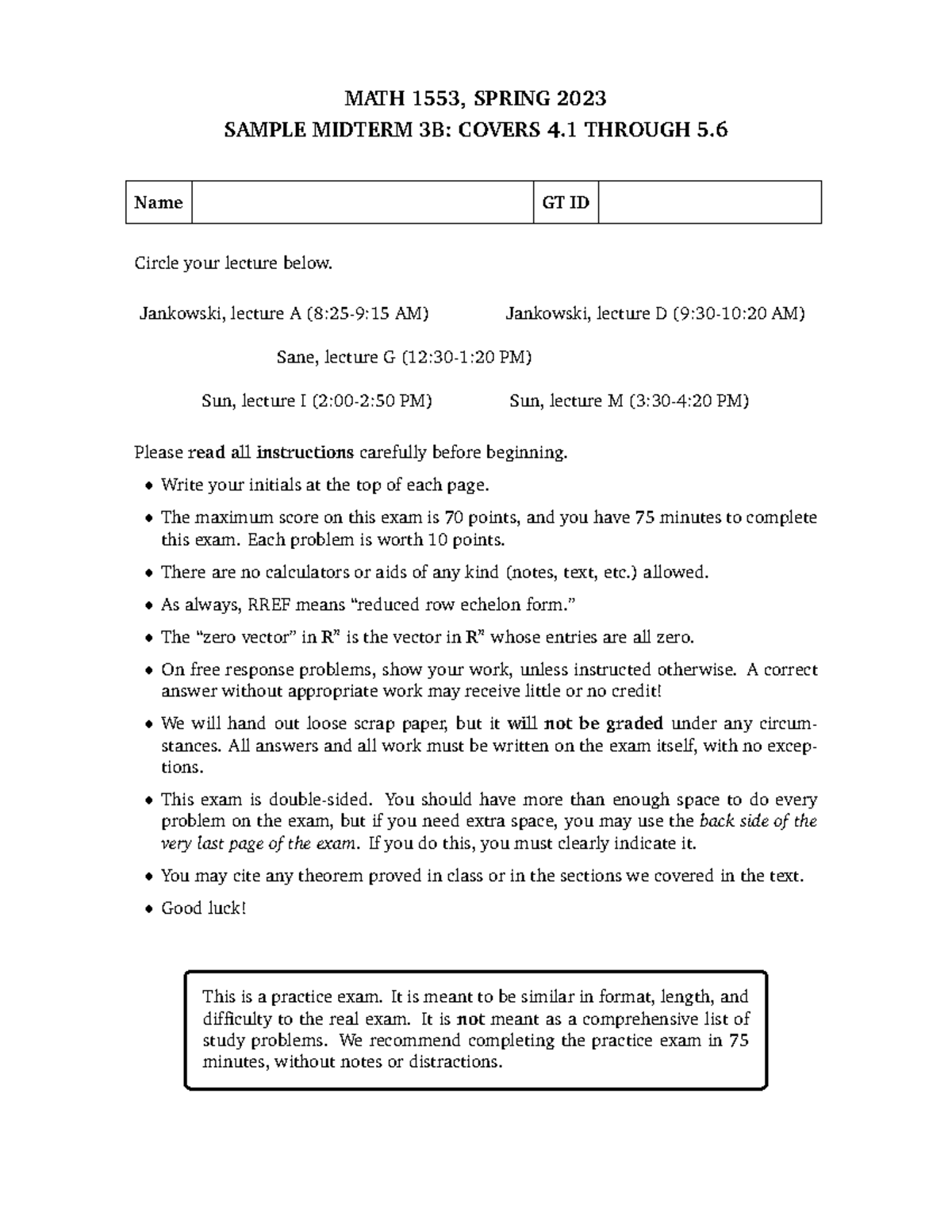 M3 sample B solutions - MATH 1553, SPRING 2023 SAMPLE MIDTERM 3B ...